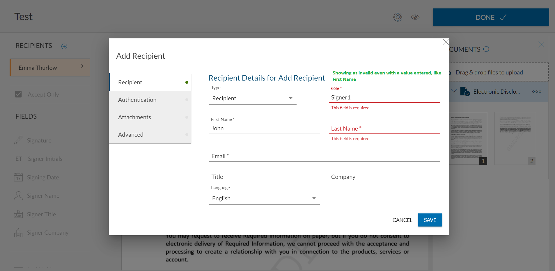 Template Designer Add Recipient Form Validation Onespan Community Platform